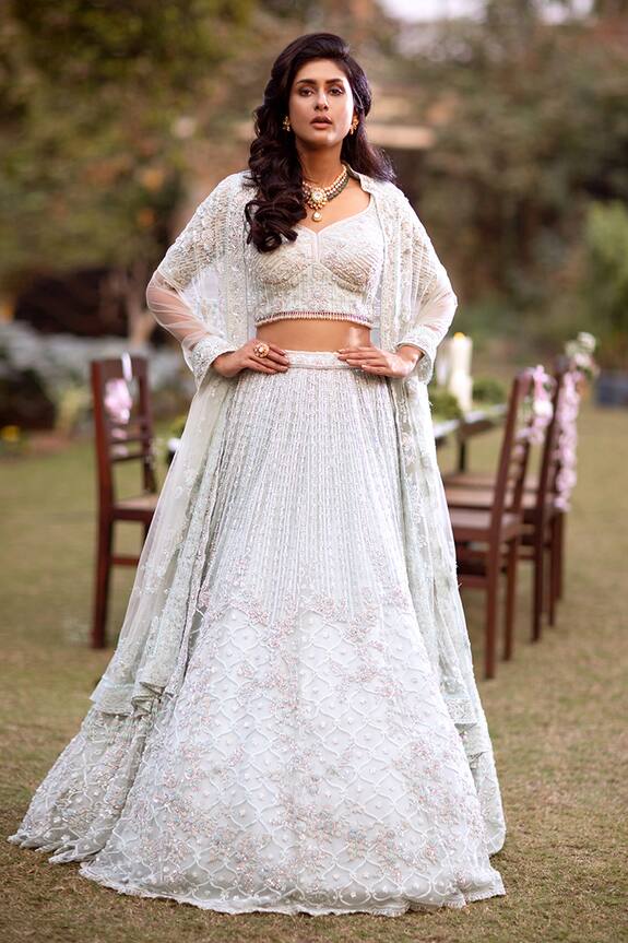 Buy Pallavi Poddar Blue Net Stripe Honeycomb Embroidered Lehenga Set ...