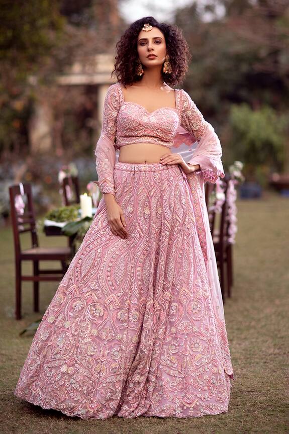 Buy Pallavi Poddar Purple Net Spiral Heart Embroidered Lehenga Set ...