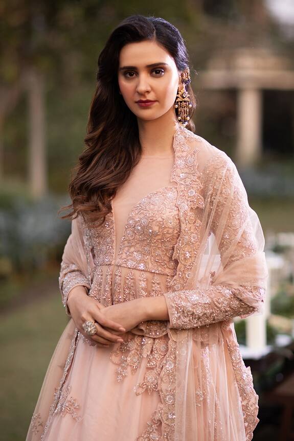 Buy Pallavi Poddar Pink Net Eden Peplum Lehenga Set Online | Aza Fashions