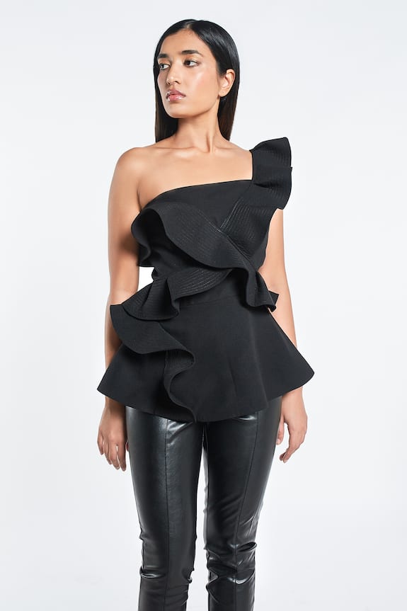 Buy Shivani Awasty Black Poly Blend One Shoulder Ruffle Top Online | Aza Fashions