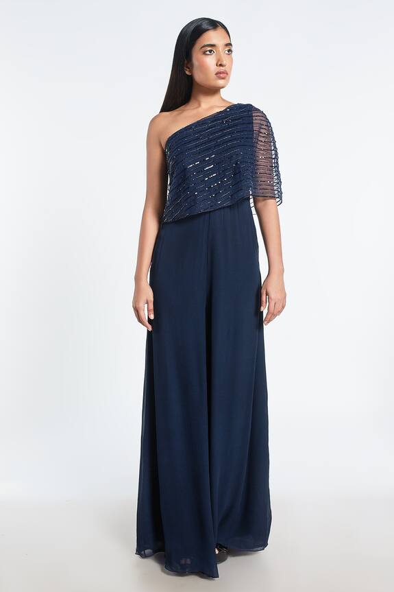 Buy Shivani Awasty Blue Net One Shoulder Embroidered Jumpsuit Online ...