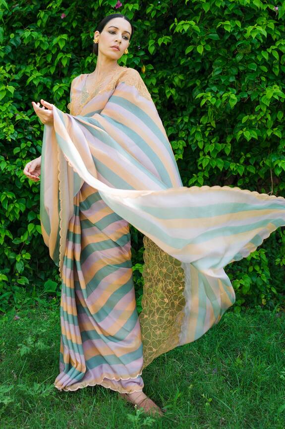 Buy Ayaka Multi Color Silk Organza Embroidered Saree With Scallop Edges Online | Aza Fashions