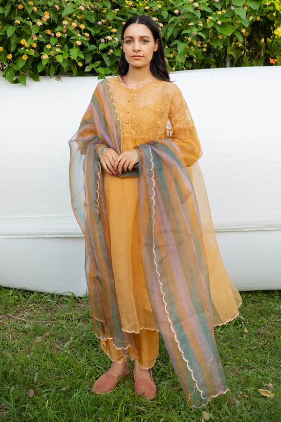 Buy Ayaka Multi Color Silk Organza Hand Embroidered Scallop Dupatta ...