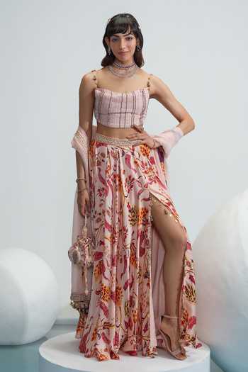 Buy Mahima Mahajan Beige Satin Organza Yumna Floral Print Lehenga Set ...