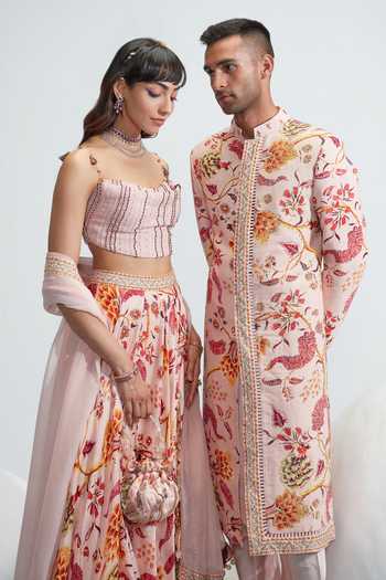 Buy Mahima Mahajan Beige Satin Organza Yumna Floral Print Lehenga Set ...