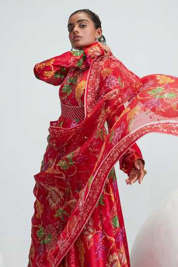 Buy Mahima Mahajan Red Satin Organza Zayna Floral Print Anarkali With ...