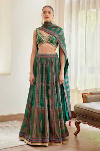 Buy Shyam Narayan Prasad Green Chinnon Block Print Lehenga Set Online ...