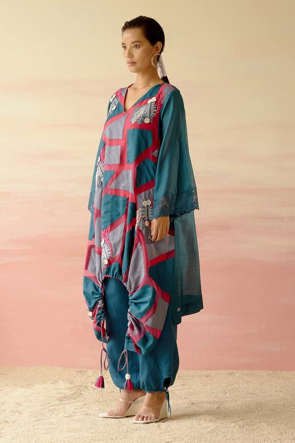 Buy Shweta Aggarwal Blue Cotton Satin Color Block Kaftan And Pant Set ...