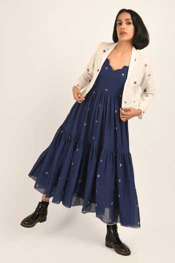 Buy Indigo Dreams Blue Cotton Cleopatra Handwoven Jamdani Dress With ...