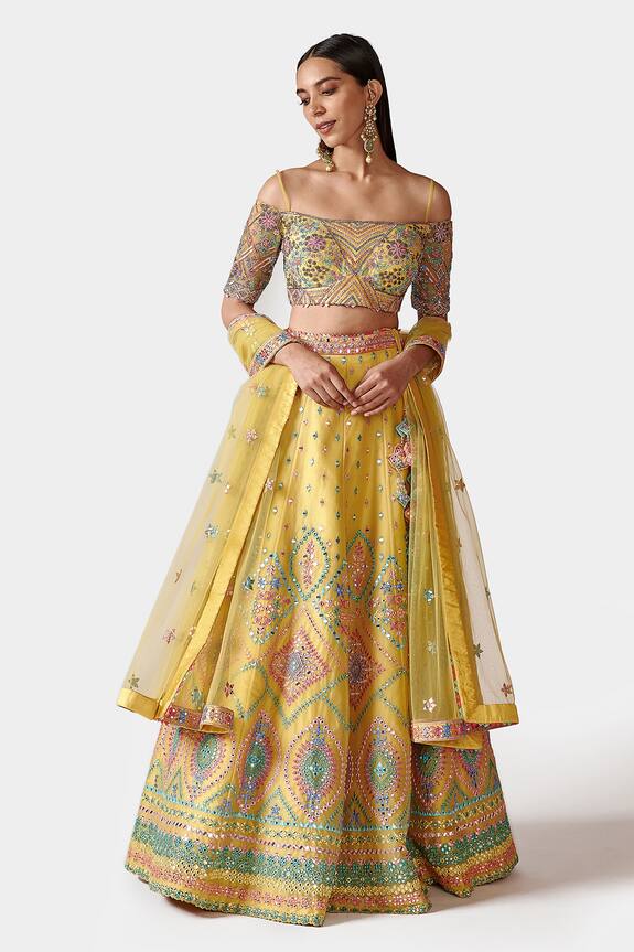 Buy Swati Narula Yellow Organza Humaida Mirror Work Lehenga Set Online ...