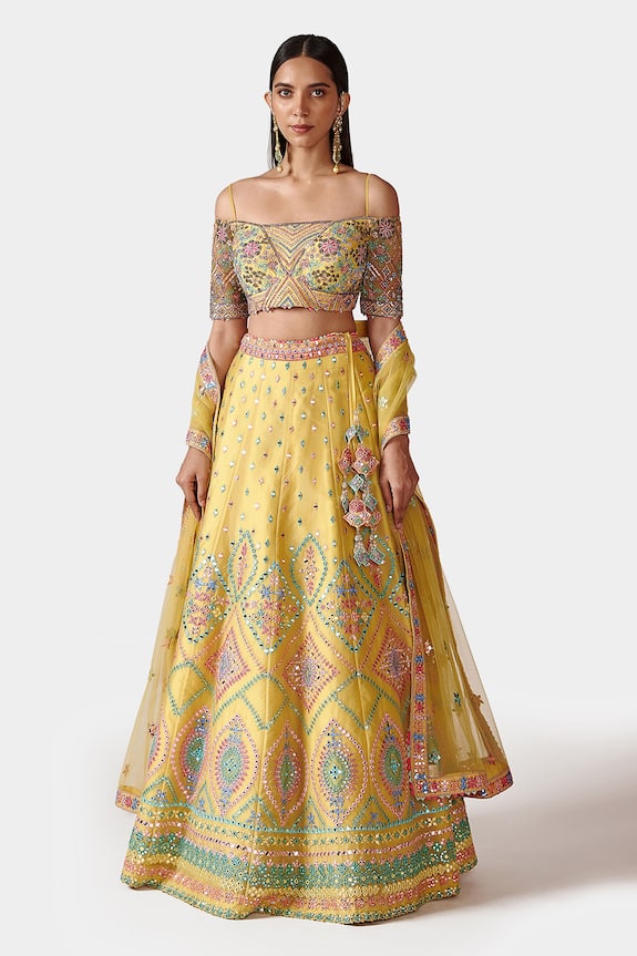 Buy Swati Narula Yellow Organza Humaida Mirror Work Lehenga Set Online ...
