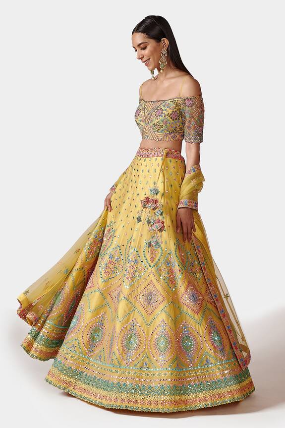 Buy Swati Narula Yellow Organza Humaida Mirror Work Lehenga Set Online ...