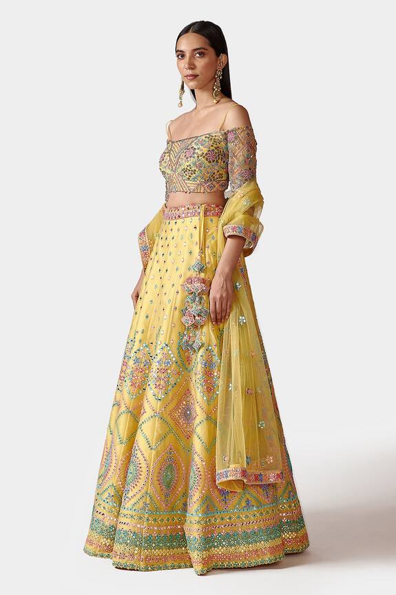 Buy Swati Narula Yellow Organza Humaida Mirror Work Lehenga Set Online ...