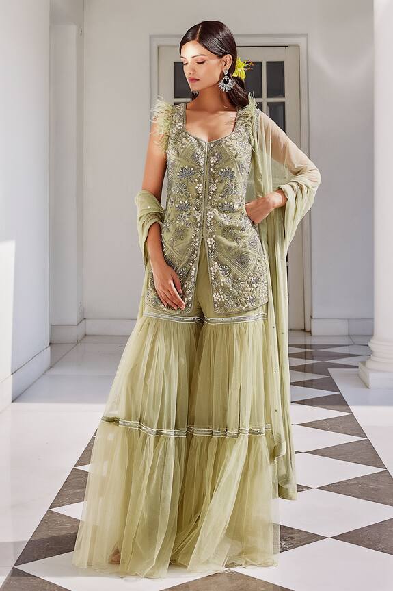 Buy Awigna Green Net Raeza Embroidered Kurta Sharara Set Online | Aza Fashions