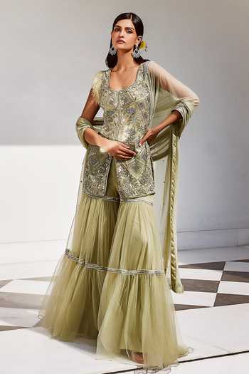 Buy Awigna Green Net Raeza Embroidered Kurta Sharara Set Online | Aza ...