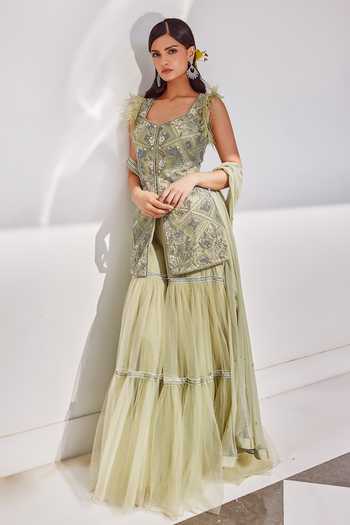 Buy Awigna Green Net Raeza Embroidered Kurta Sharara Set Online | Aza ...