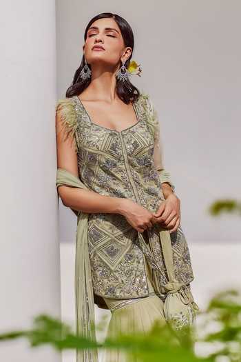 Buy Awigna Green Net Raeza Embroidered Kurta Sharara Set Online | Aza ...
