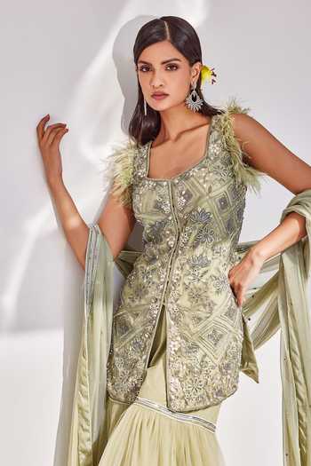 Buy Awigna Green Net Raeza Embroidered Kurta Sharara Set Online | Aza ...