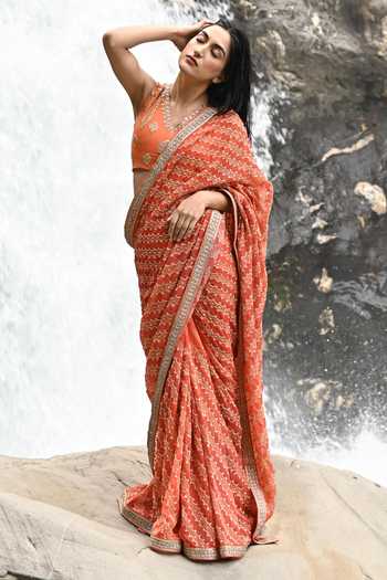 Buy Paulmi and Harsh Orange Shantoon Leheriya Print Saree With Blouse ...
