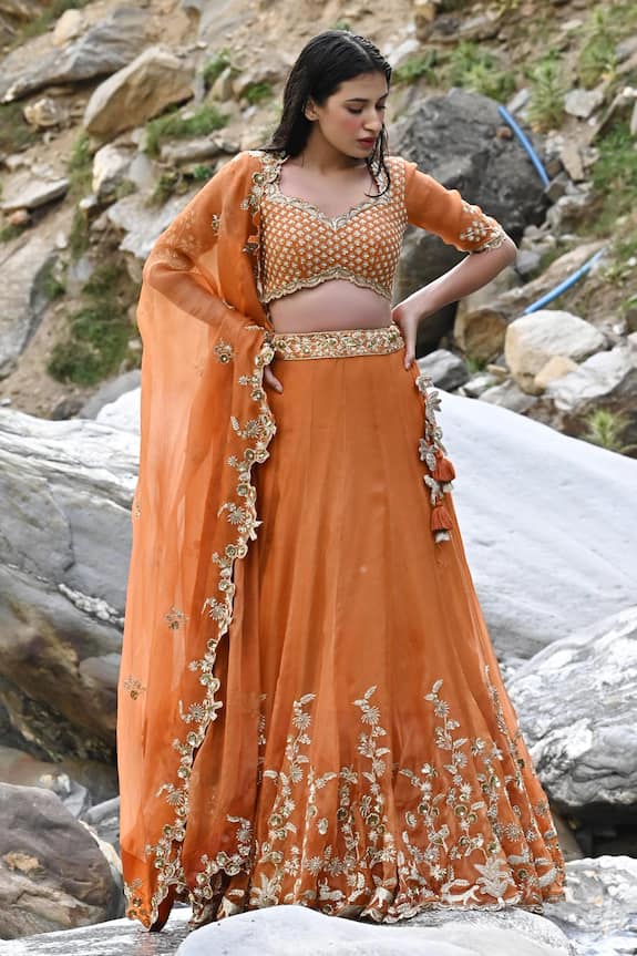 Buy Paulmi and Harsh Orange Tissue Hand Embroidered Lehenga Set Online ...