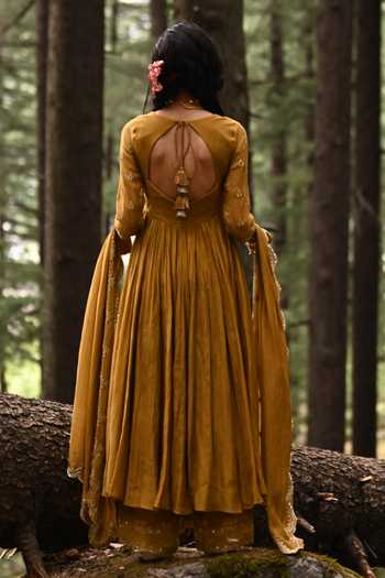 Buy Paulmi and Harsh Yellow Malai Chanderi Yoke Embroidered Anarkali ...