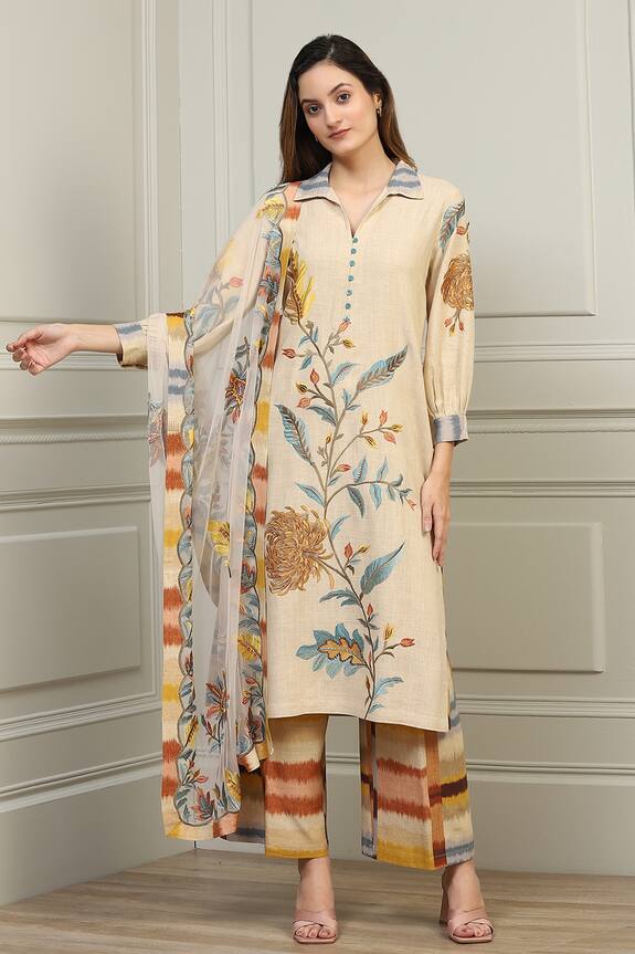 Buy Ranna Gill Beige Linen Embroidered Tunic Set Online | Aza Fashions