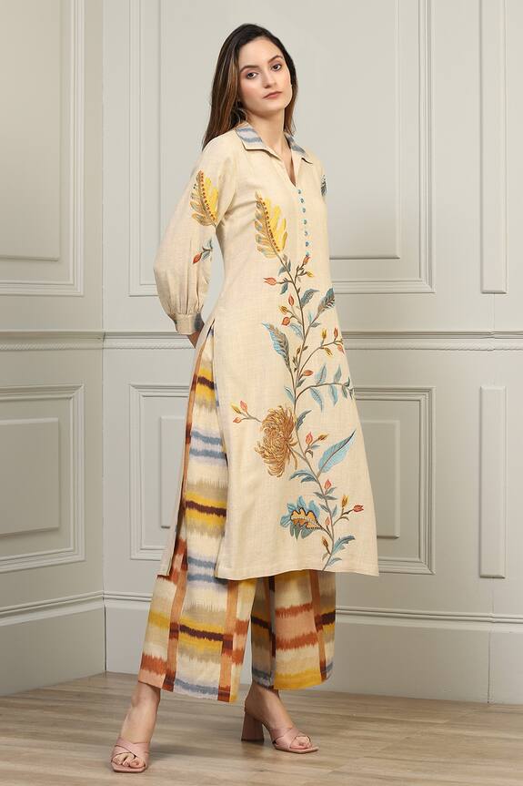 Buy Ranna Gill Beige Linen Embroidered Tunic Set Online | Aza Fashions