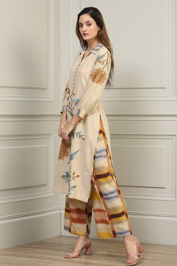 Buy Ranna Gill Beige Linen Embroidered Tunic Set Online | Aza Fashions