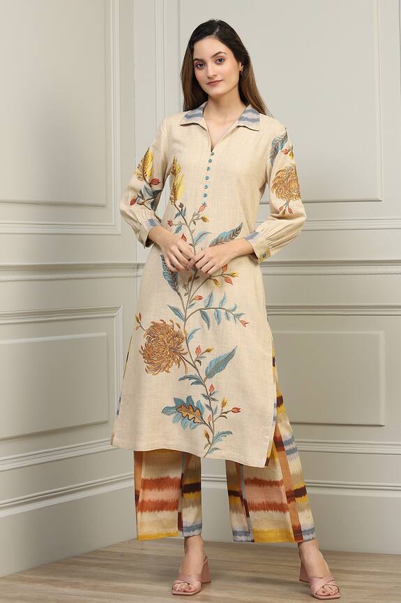 Buy Ranna Gill Beige Linen Embroidered Tunic Set Online | Aza Fashions