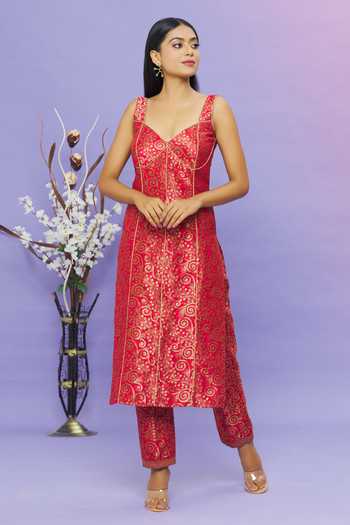Buy Ek Katha Red Banarasi Silk Brocade Kurta And Pant Set Online | Aza ...