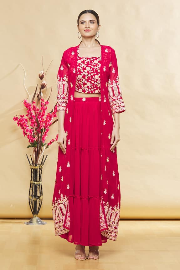 Buy Samyukta Singhania Maroon Butter Crepe Embroidered Jacket Lehenga ...