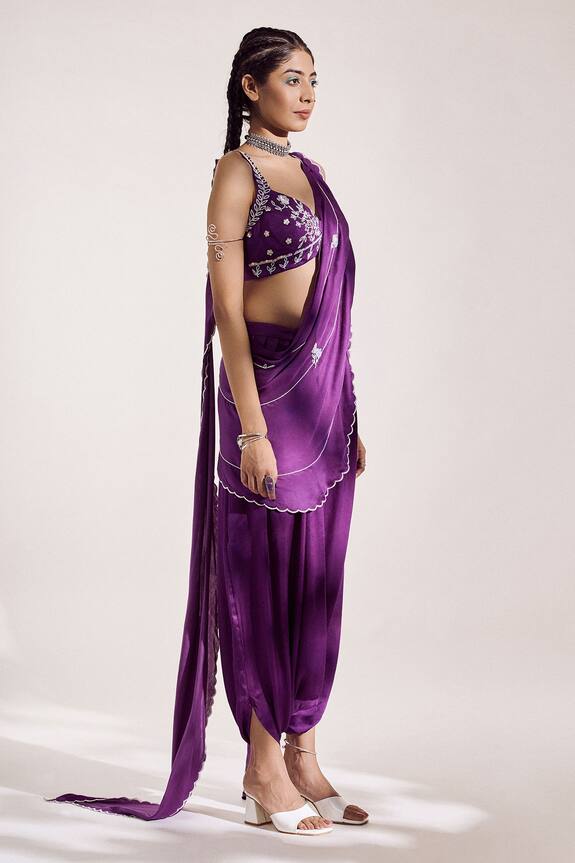 Buy Amka India Purple Satin Silk Poochki Pre-draped Dhoti Saree Set Online | Aza Fashions