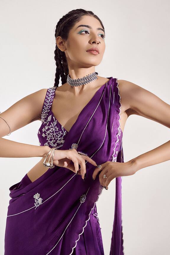 Buy Amka India Purple Satin Silk Poochki Pre-draped Dhoti Saree Set ...