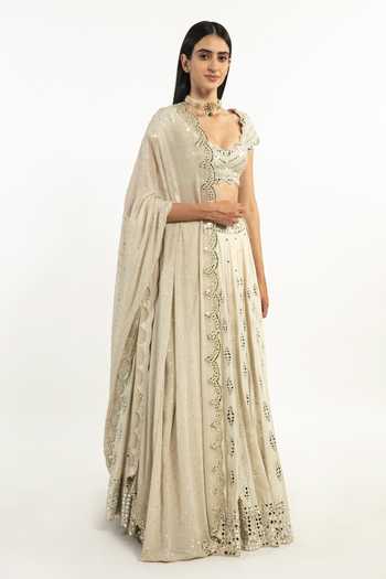 Buy Abhinav Mishra Ivory Raw Silk Embroidered Lehenga Set Online | Aza ...