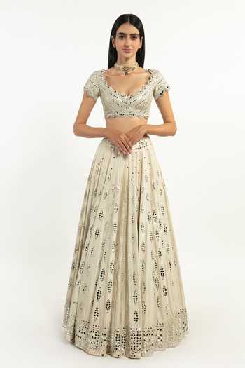 Buy Abhinav Mishra Ivory Raw Silk Embroidered Lehenga Set Online | Aza ...
