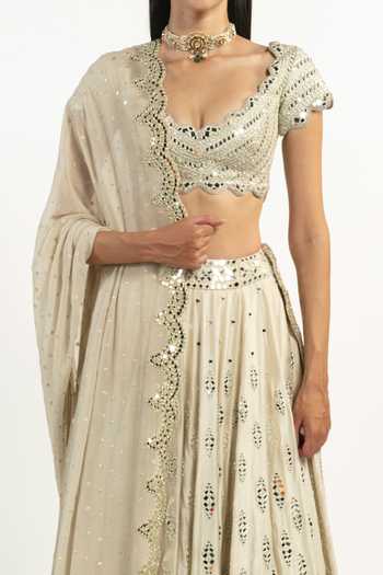 Buy Abhinav Mishra Ivory Raw Silk Embroidered Lehenga Set Online | Aza ...