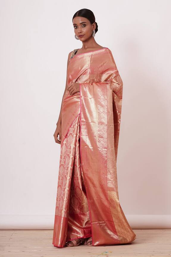 Buy Aharin Coral Cottonshantoon Woven Saree With Floral Print Blouse ...