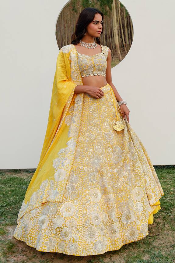 Buy Mishru Yellow Satin Organza Lyana Floral Embroidered Lehenga Set ...