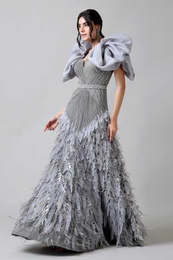 Buy Geisha Designs Grey Nylon Avryll Embroidered Gown Online | Aza Fashions