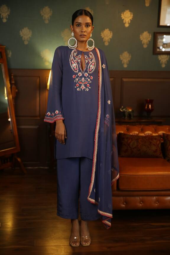 Buy Radha Sharma Blue Georgette Paisley Embroidered Kurta Set Online ...