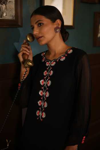Buy Radha Sharma Black Georgette Floral Embroidered Kurta Set Online ...
