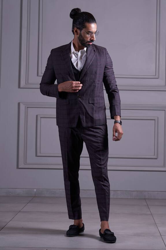 Buy Agape Brown Suiting Checkered Pattern Suit Set Online | Aza Fashions