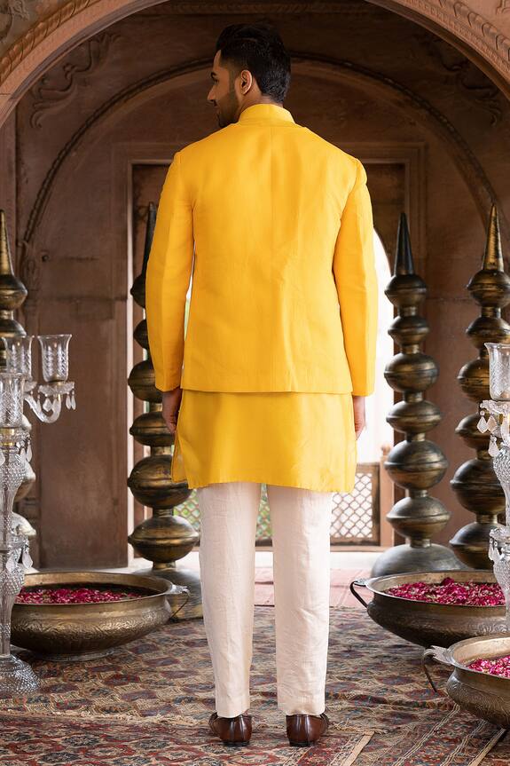 Buy Chhavvi Aggarwal Yellow Matka Silk Short Jacket And Kurta Set ...