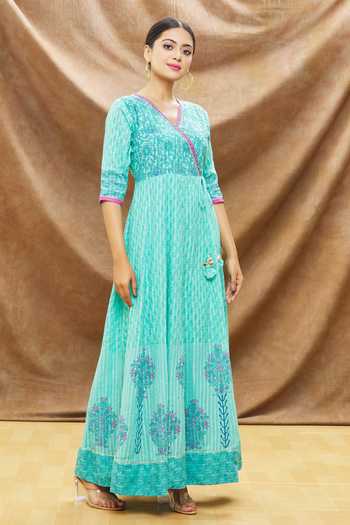 Buy Adara Khan Green Cotton Floral Print Angrakha Online | Aza Fashions