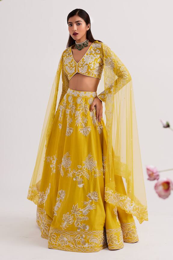 Buy Vaishali Yellow Dupion Silk Floral Embroidered Lehenga Set Online
