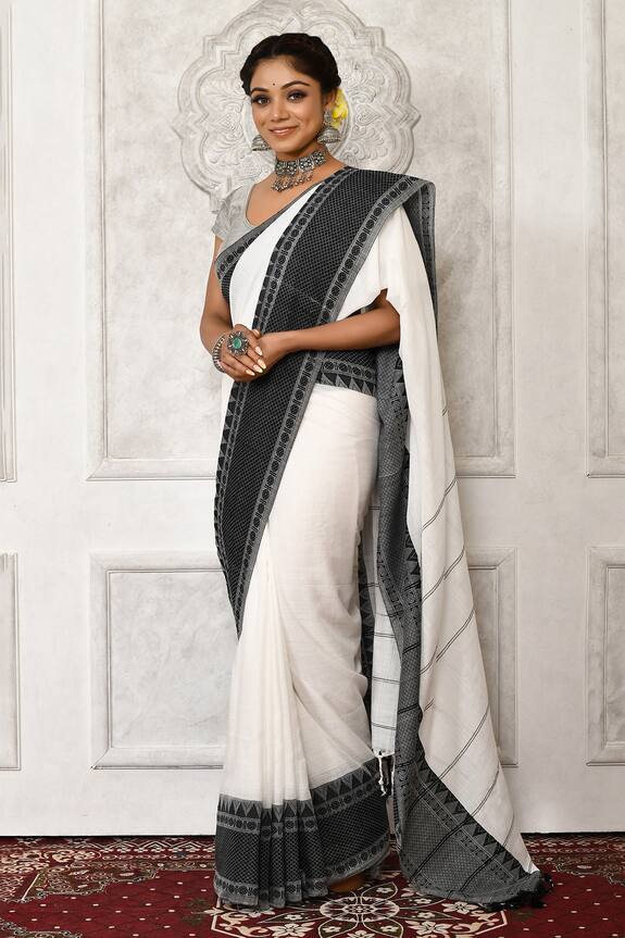 Buy Aryavir Malhotra White Cotton Geometric Border Saree Online | Aza ...