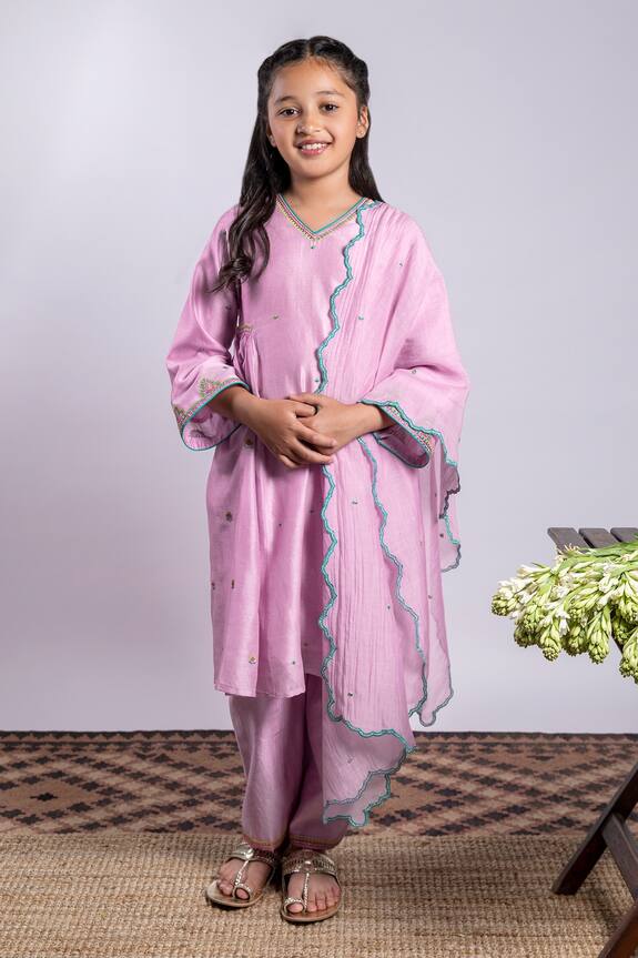 Buy Boteh Purple Chanderi Silk Kurta Set For Girls Online | Aza Fashions