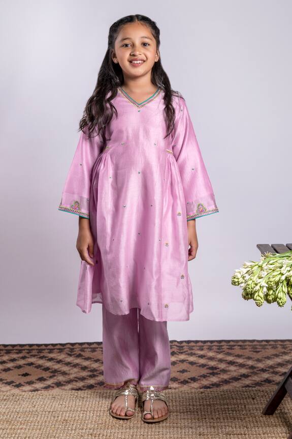 Buy Boteh Purple Chanderi Silk Kurta Set For Girls Online | Aza Fashions