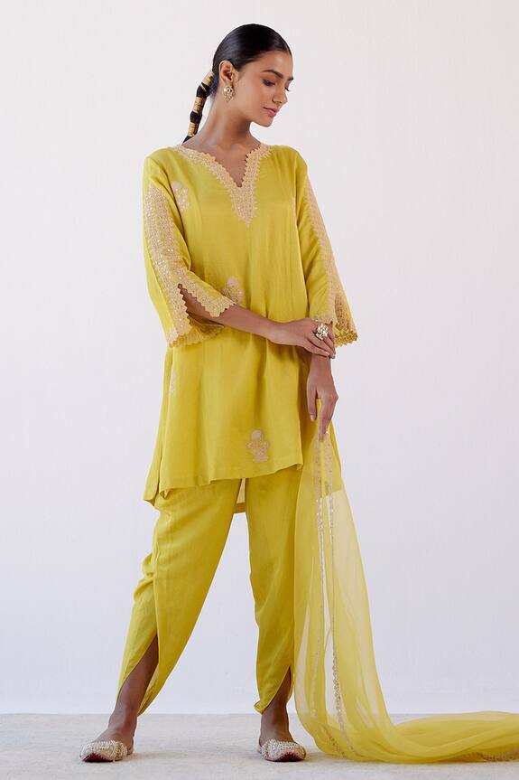 Buy Devnaagri Yellow Cotton Silk Floral Embroidered Kurta Dhoti Pant ...