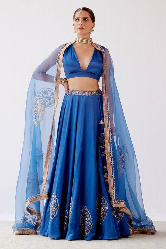 Buy Devnaagri Blue Gajji Silk Floral Embroidered Lehenga Set Online